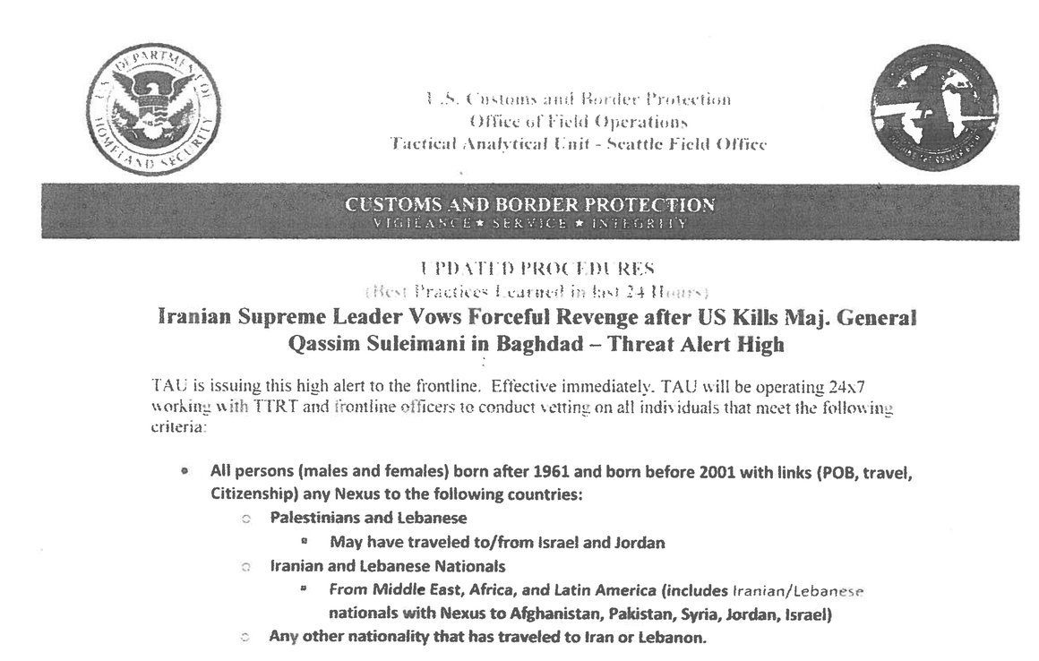 Directive tells CBP officers to detain Iranians, Lebanese and Palestinians